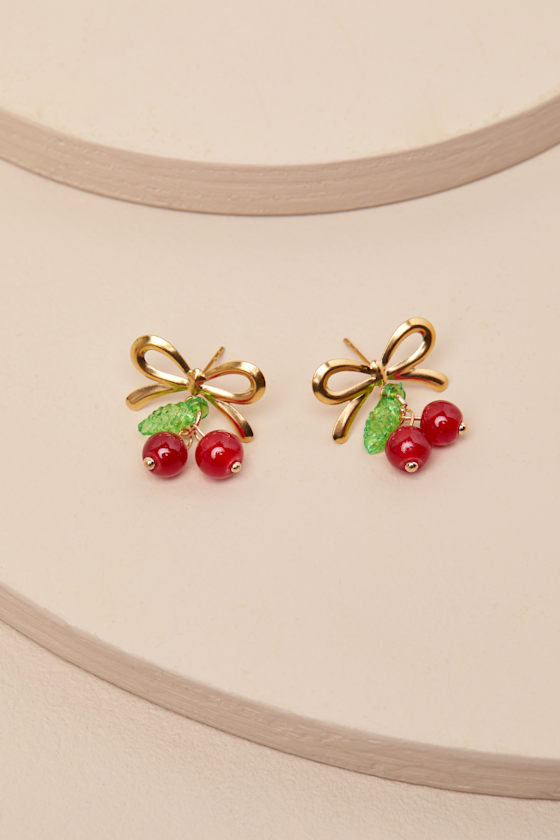 Gold & Red Earrings - Cherry Beaded Earrings - Bow Stud Earrings - Lulus