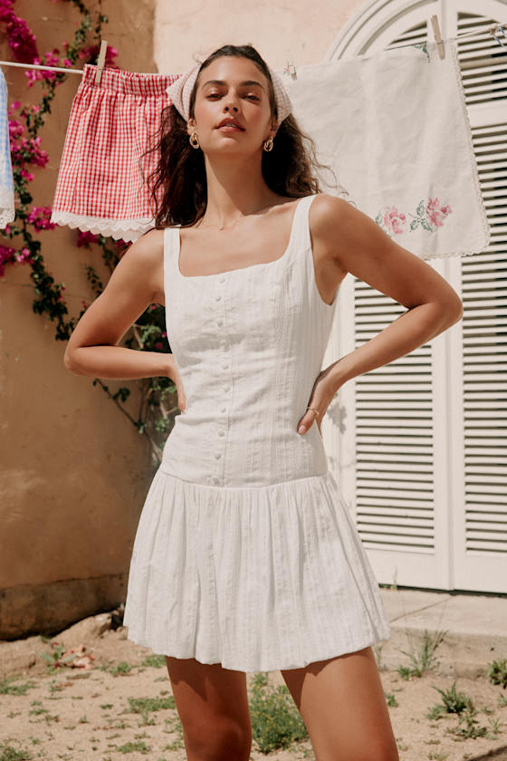 White Textured Dress - Drop Waist Dress - Bubble-Hem Mini Dress - Lulus