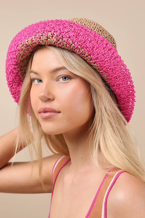 Tan and Pink Straw Hat - Woven Straw Sun Hat - Straw Bucket Hat - Lulus