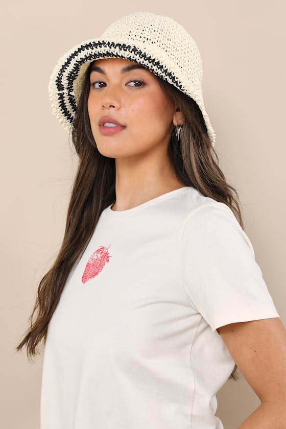 White Striped Straw Hat - Straw Bucket Hat - Straw Sun Hat - Lulus