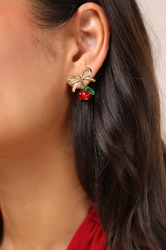 Gold & Red Earrings - Cherry Beaded Earrings - Bow Stud Earrings - Lulus