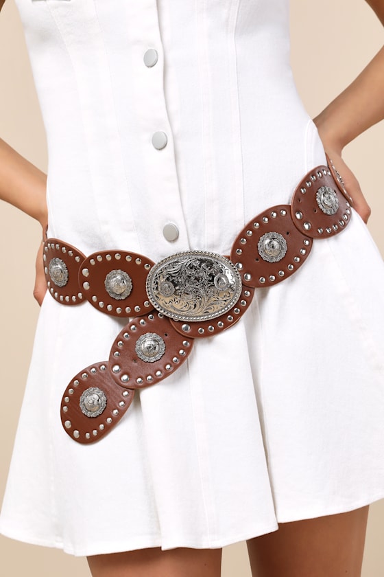 Brown Disc Belt - Studded Faux Leather Belt - Western Disc Belt - Lulus