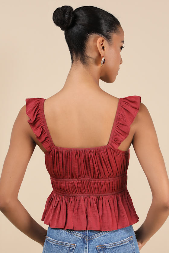 Rust Red Top - Flutter Sleeve Tank Top - Gathered Peplum Top - Lulus