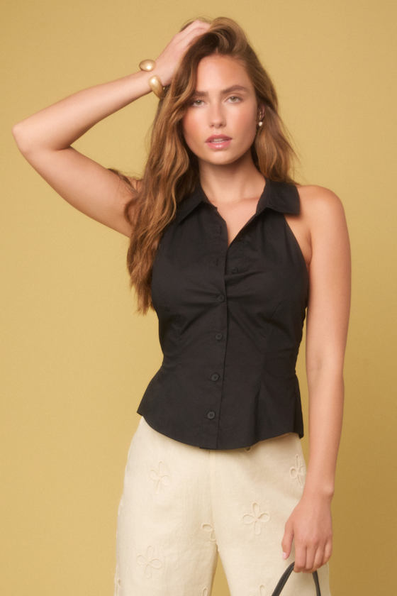 Black Collared Top - Halter Button-Front Top - Tie-Back Top - Lulus