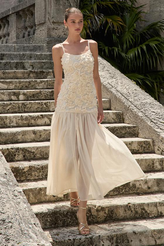 Cream 3D Rosette Dress - Sheer Hem Dress - Cream Maxi Dress - Lulus