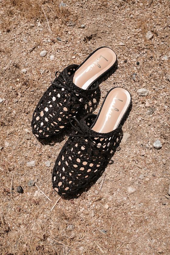 Black Flat Slides - Sheer Woven Raffia Slides - Bow Slides - Lulus