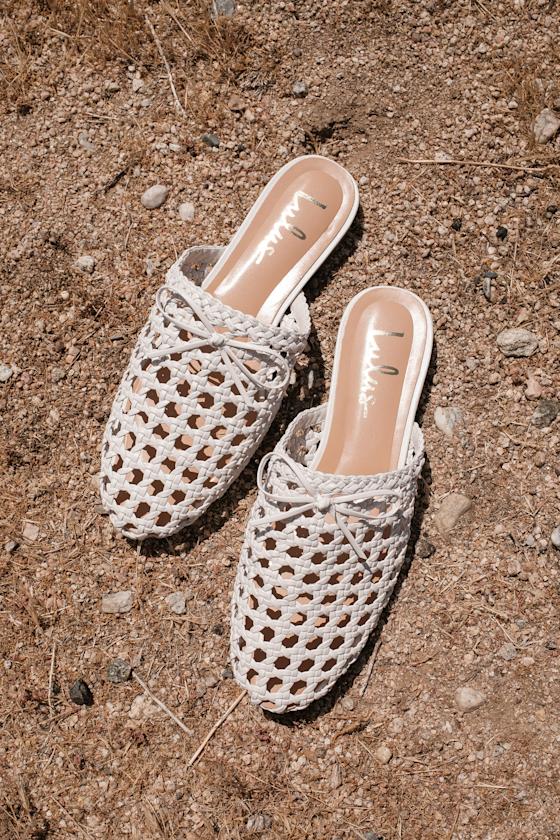 White Flat Slides - Sheer Woven Raffia Slides - Bow Slides - Lulus