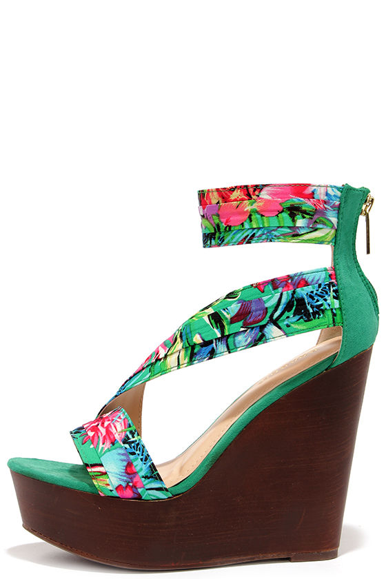 Pretty Green Wedges - Print Wedges - Ankle Strap Wedges - $39.00 - Lulus