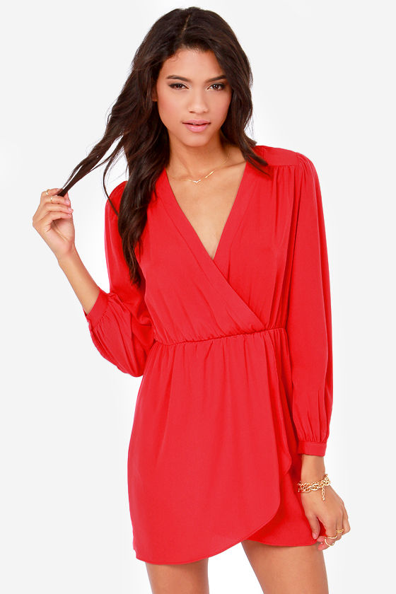 Cute Bright Red Dress - Wrap Dress - Long Sleeve Dress - $49.00 - Lulus