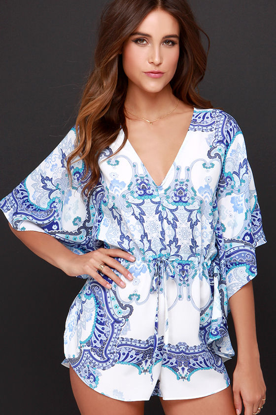 Pretty Blue Romper Ivory Romper Kaftan Sleeves Bohemian Romper