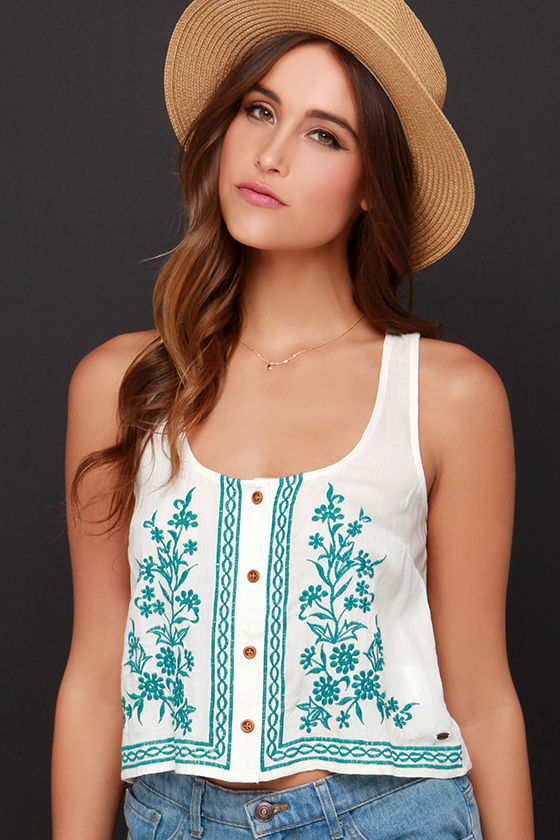 O'Neill Julia Top - Cream Tank Top - Embroidered Top - Crop Top - $39. ...