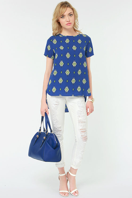 Cute Blue Top - Print Top - Short Sleeve Top - Blue Blouse - $35.00 - Lulus