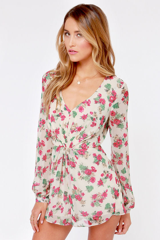 Pretty Floral Print Romper - Cream Romper - Long Sleeve Romper - $45.00 ...