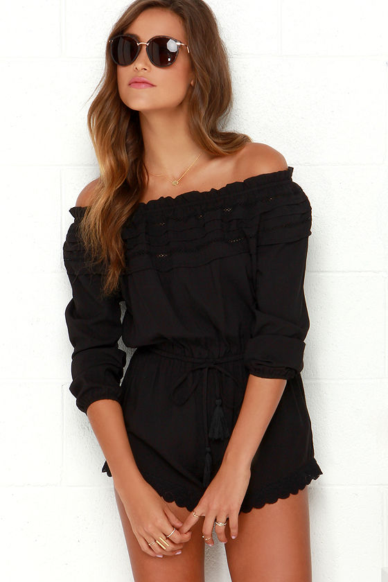 Cute Black Romper Lace Romper Off The Shoulder Romper 48 00 Lulus