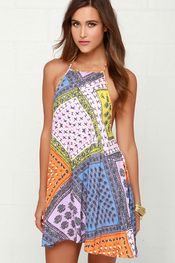 Mink Pink Sunset Patchwork Dress - Halter Dress - Multi Print Dress ...