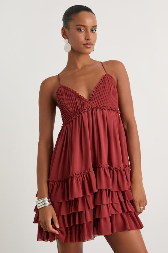 Rust Chiffon Dress - Tiered Mini Dress - Pleated Tiered Dress - Lulus