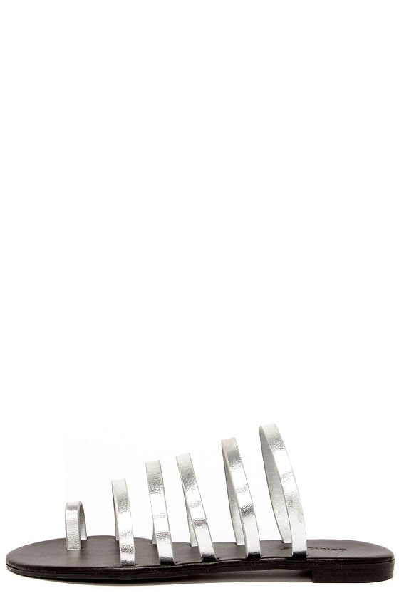 Cute Silver Sandals - Flat Sandals - Toe Loop Sandals - $18.00 - Lulus