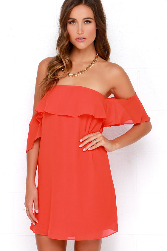 Bright Red Dress - Red Chiffon Dress - Red Off-the-Shoulder Dress - $35 ...