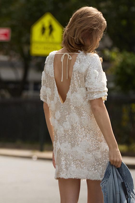 Ivory Sequin Dress - Sequin Shift Dress - Rosette Mini Dress - Lulus