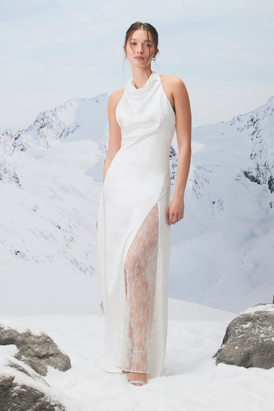White Satin Bridal Dress - Halter Bridal Dress - Lace Bridal Gown - Lulus