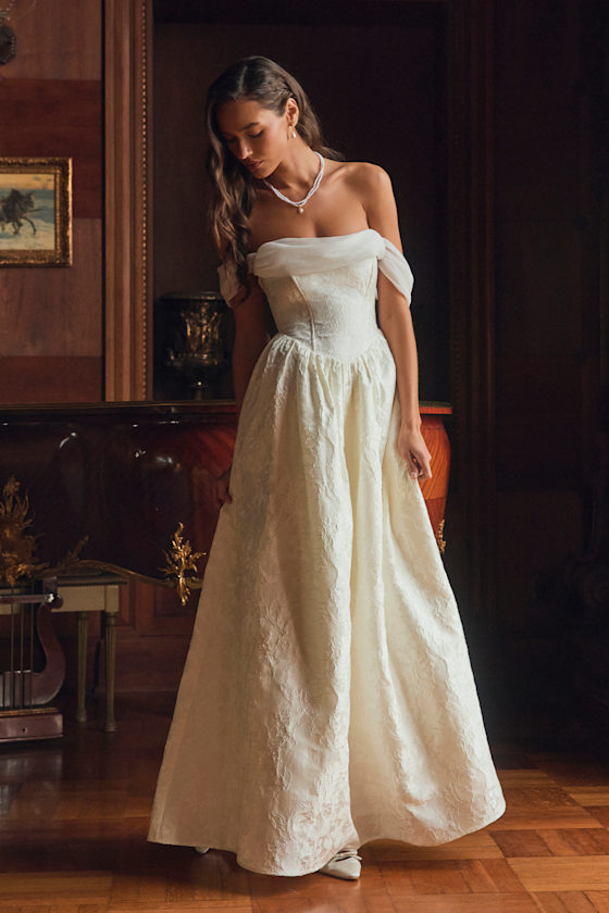 Ivory Jacquard Maxi Dress - OTS Bridal Gown - Basque Waist Dress - Lulus