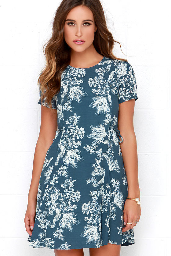 Black Swan Melrose Dress Slate Blue Dress Floral Print Dress 83