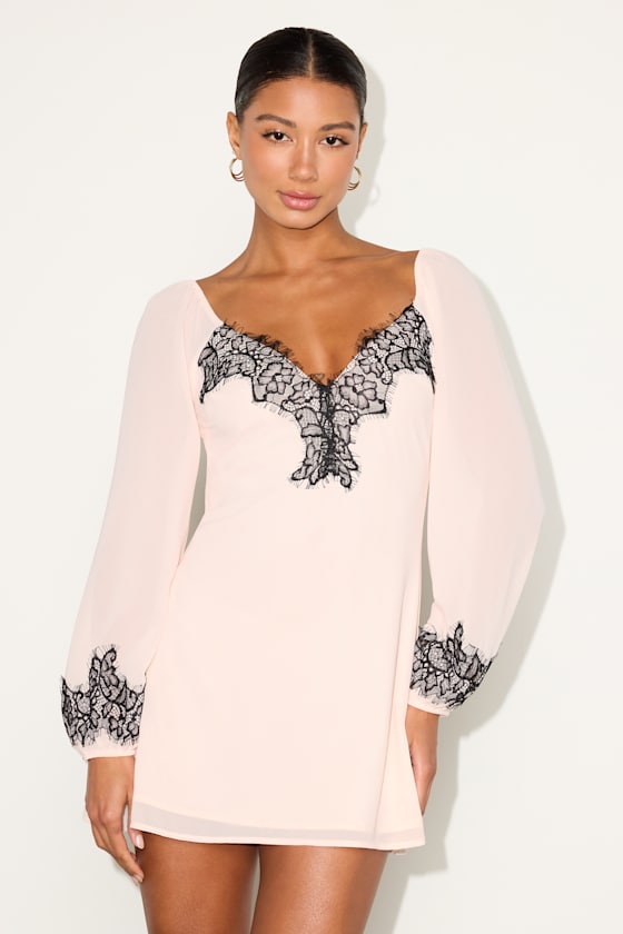 Blush Chiffon Dress - Long Sleeve Mini Dress - Lace Mini Dress - Lulus