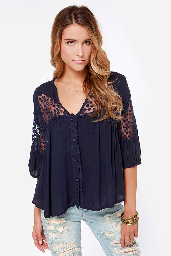 Pretty Navy Blue Top - Embroidered Top - Lace Top - $61.00 - Lulus