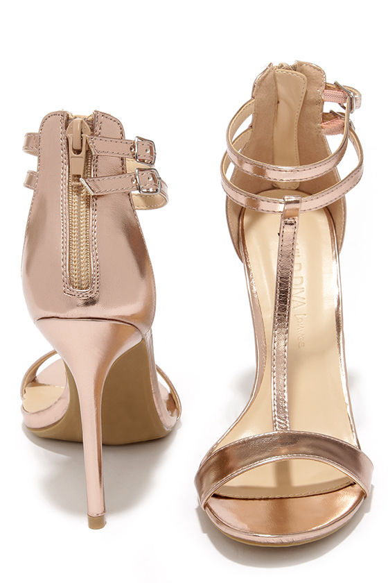 Pretty Rose Gold Heels - T Strap Heels - Dress Sandals - $25.00 - Lulus