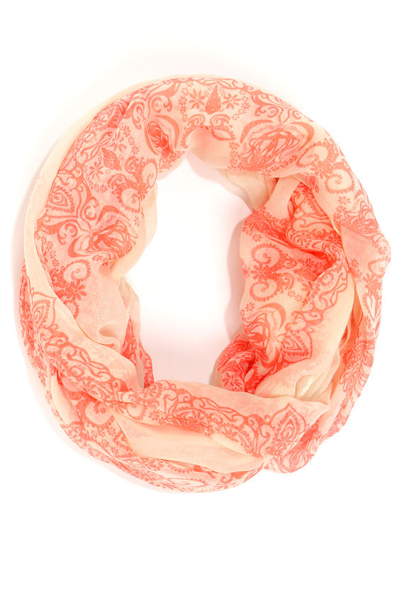 Beautiful Print Scarf - Cream Scarf - Neon Coral Scarf - Circle Scarf ...