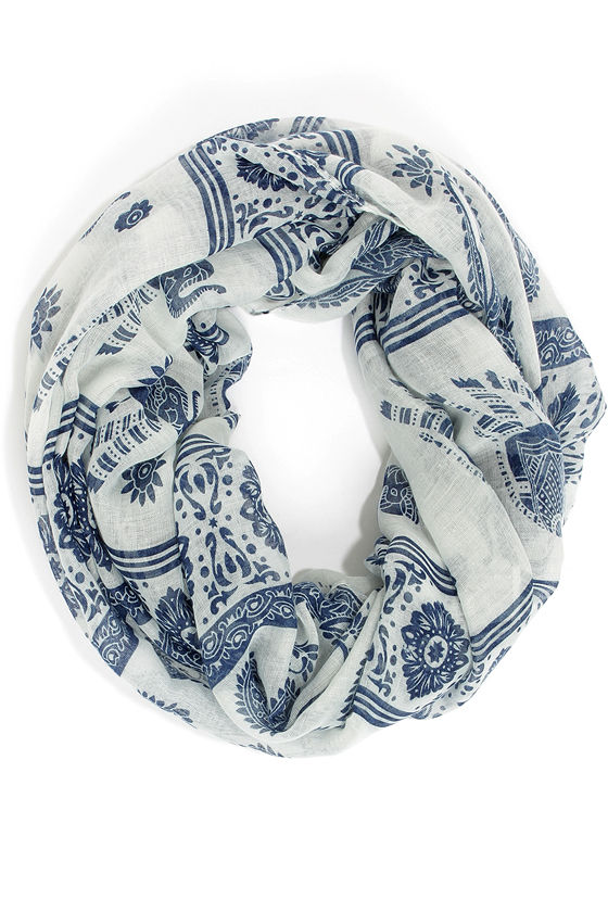 Pretty Print Scarf - Blue Scarf - Cream Scarf - Circle Scarf - $17.00 ...