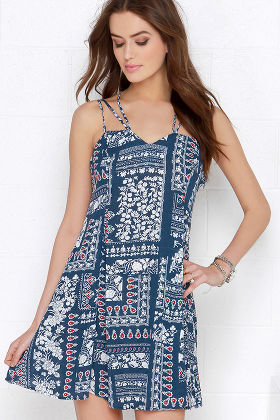 Navy Blue Print Dress - Strappy Dress - $66.00 - Lulus