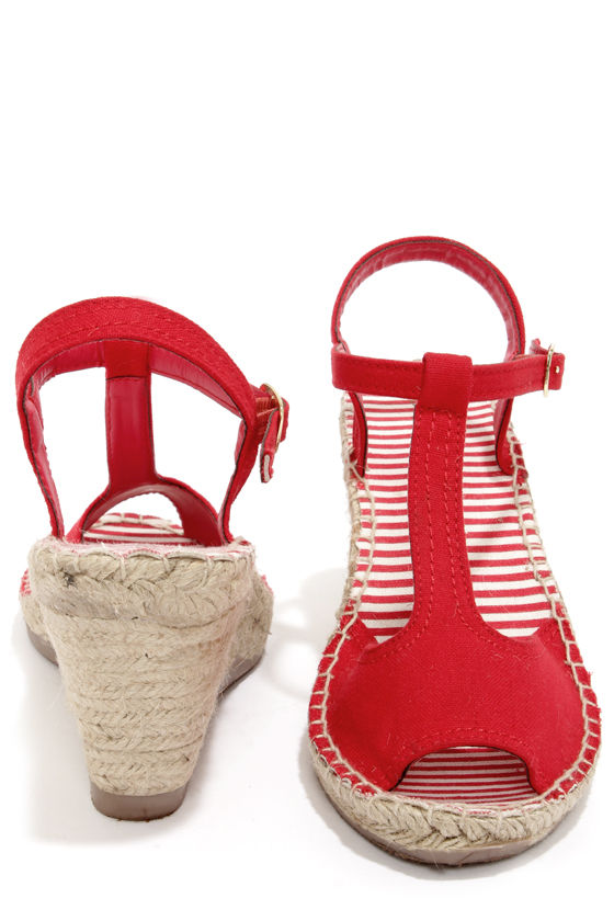 Fun Red Sandals - Espadrille Wedges - T-Strap Shoes - Red Shoes - $35. ...