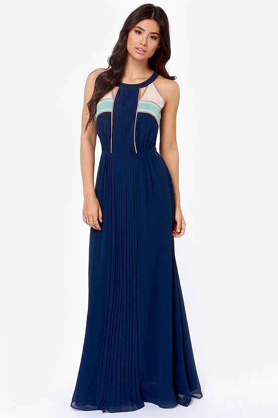 Beautiful Navy Blue Dress - Maxi Dress - Color Block Dress - $108.00 ...