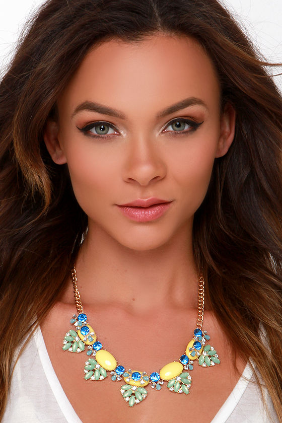 Pretty Yellow and Green Necklace - Statement Necklace - Rhinestone ...