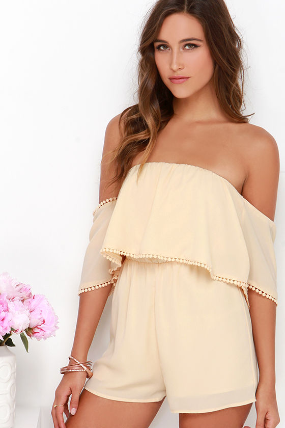 Cute Beige Romper Off The Shoulder Romper Pompom Romper 49 00