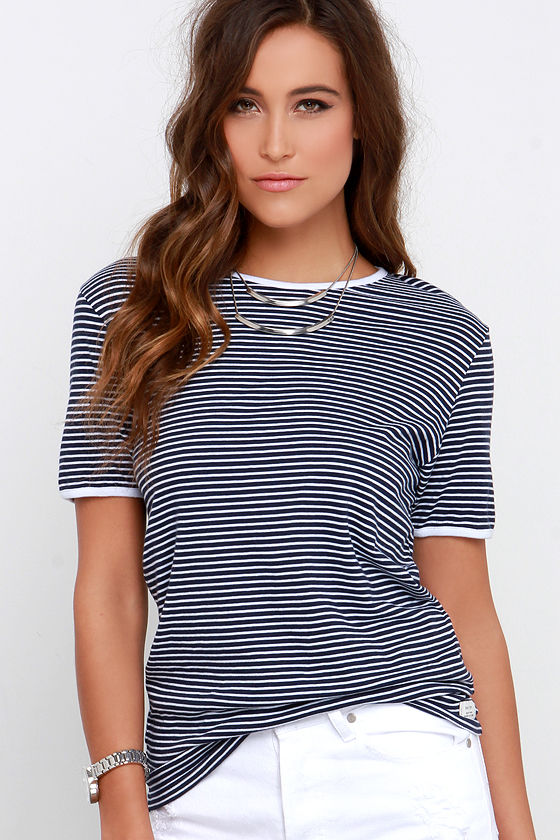 Rhythm The Strokes Gym Dandy Tee - Ivory and Navy Blue Top - Striped ...