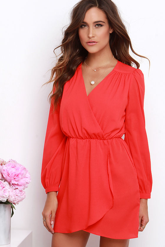 Lovely Coral Red Dress Long Sleeve Dress Wrap Dress 44 00 Lulus