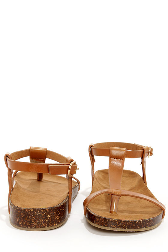 Casual Tan Sandals - T-Strap Sandals - Thong Sandals - $32.00