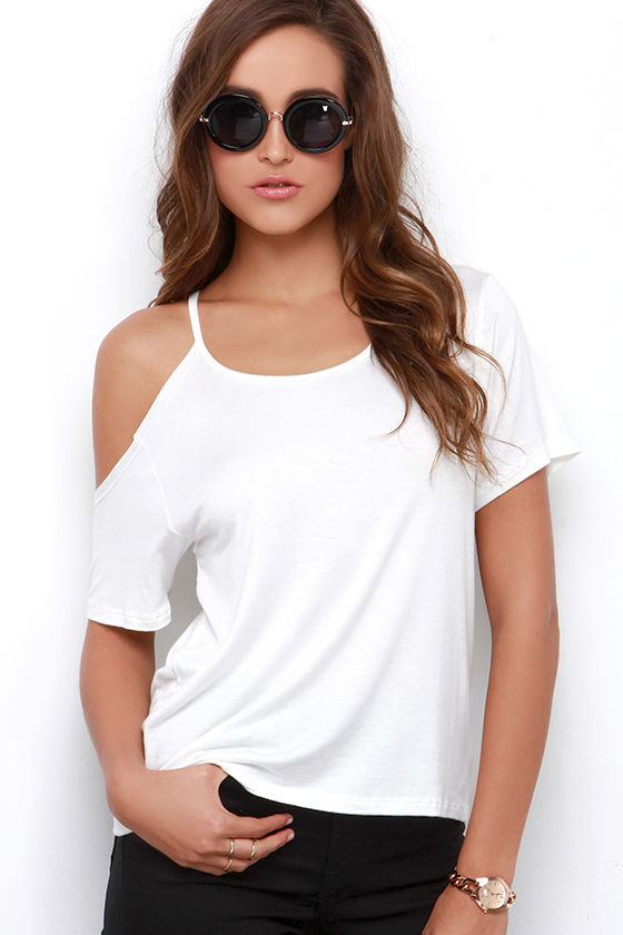 Ivory Tee - Distressed Top - Off-the-Shoulder Tee - $33.00 - Lulus
