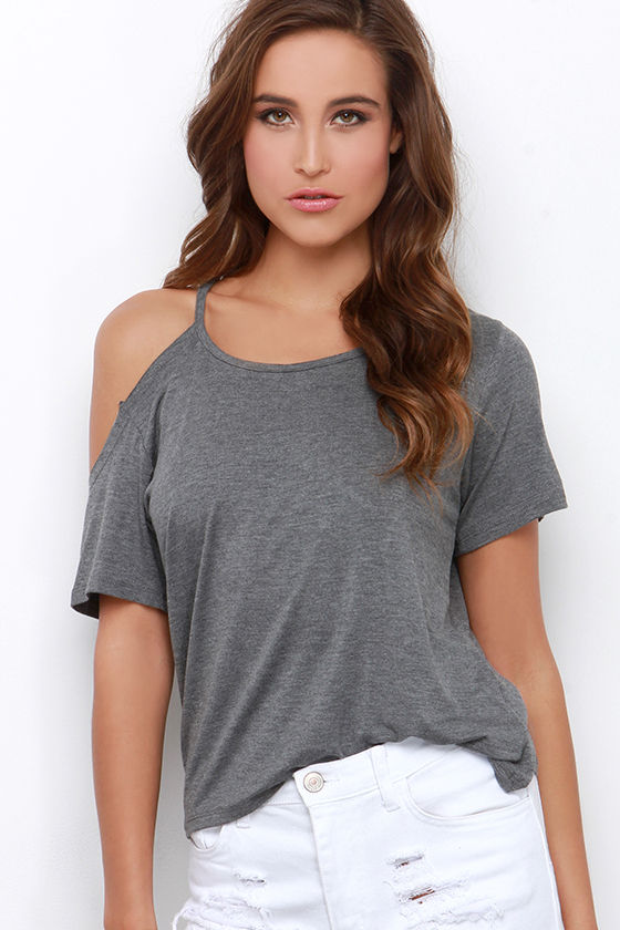 Grey Tee - Distressed Top - Off-the-Shoulder Tee - $33.00 - Lulus