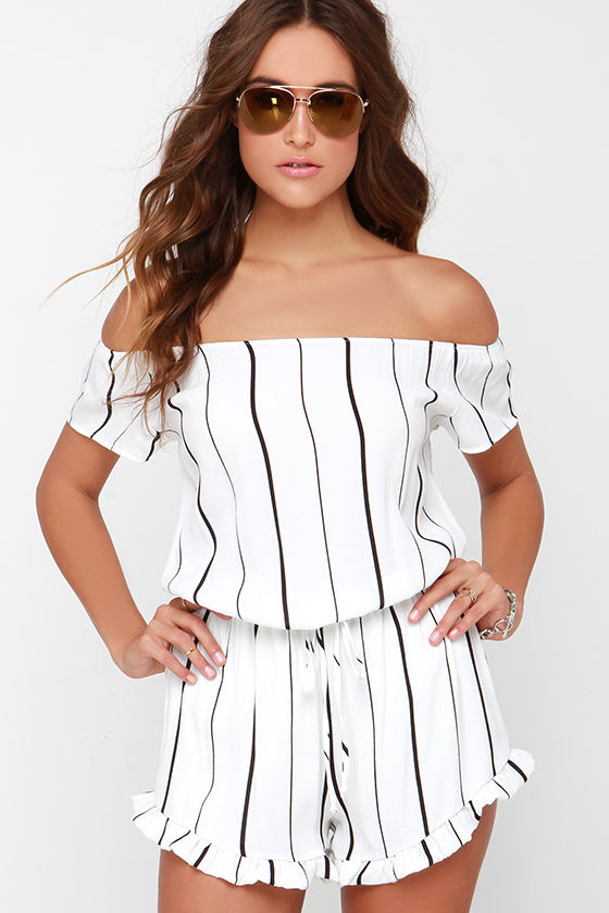 Chic Ivory Romper - Black Striped Romper - Off-the-Shoulder Romper ...