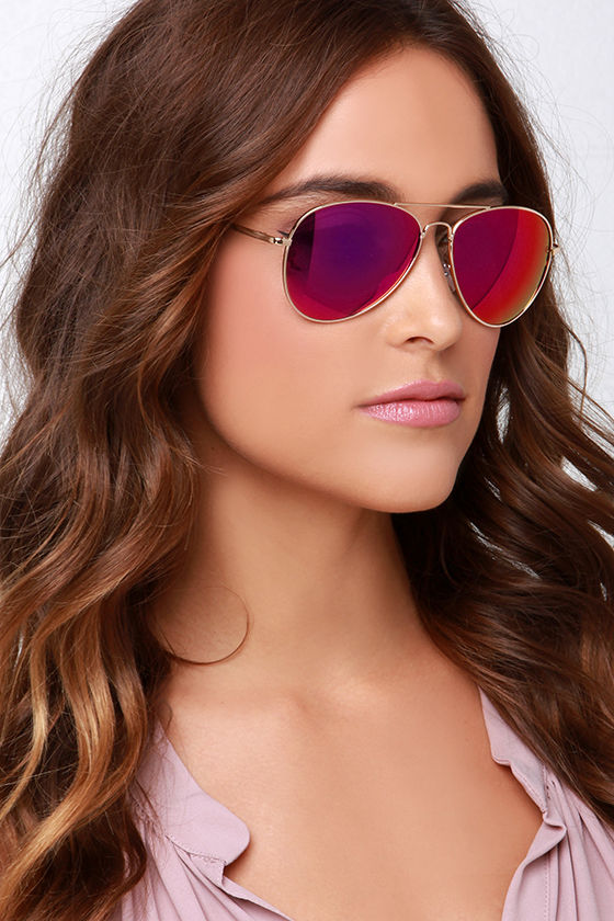 Gold and Purple Sunglasses - Mirrored Aviator Sunglasses - Lulus