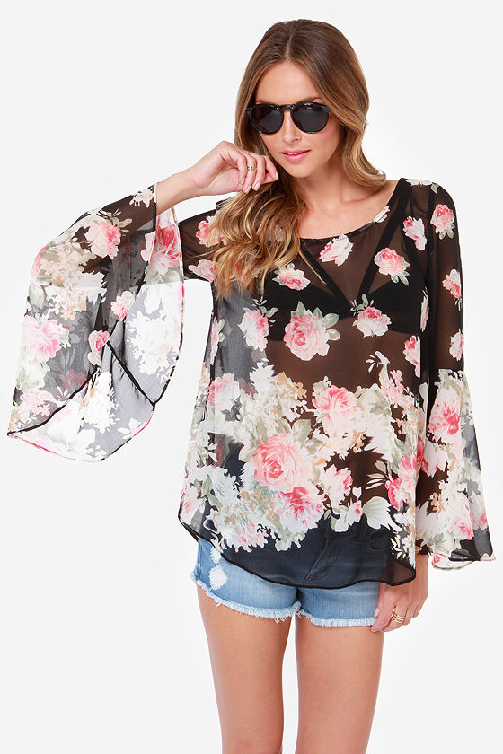 Cute Floral Print Top Black Top Sheer Top 34 00 Lulus