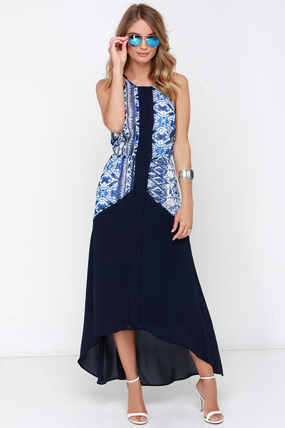 Chic Navy Blue Print Dress - High-Low Dress - Halter Dress - $111.00 ...