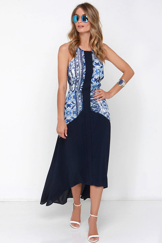 Chic Navy Blue Print Dress - High-Low Dress - Halter Dress - $111.00