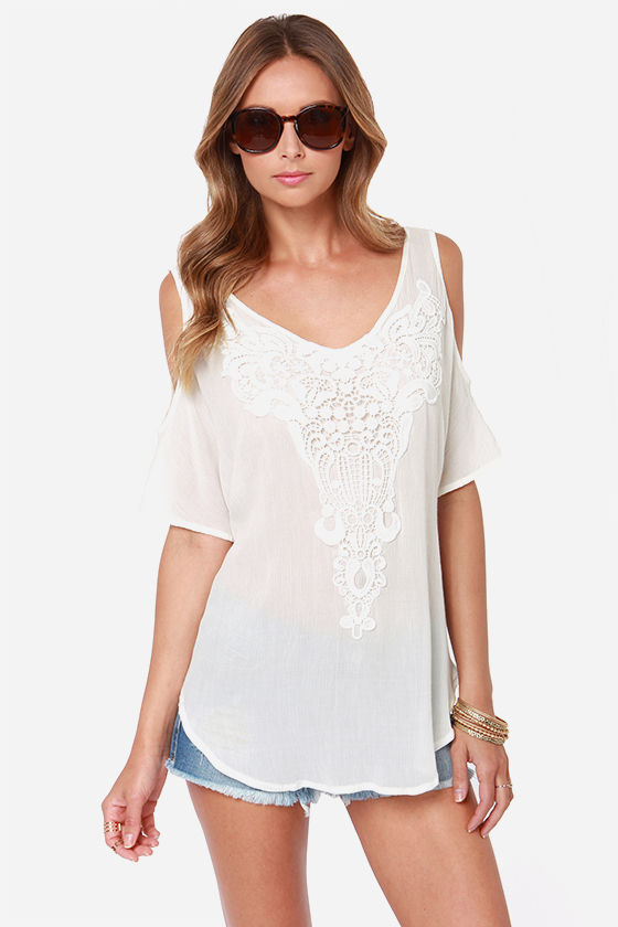 Pretty Ivory Top Crochet Top Cold Shoulder Top Lace Top 40 00