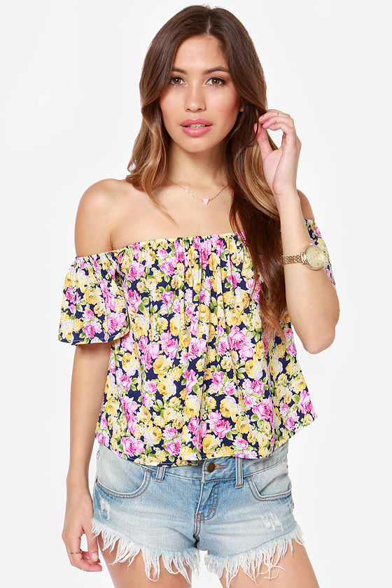 Pretty Floral Print Top - Navy Blue Top - Off-the-Shoulder - $34.00 - Lulus