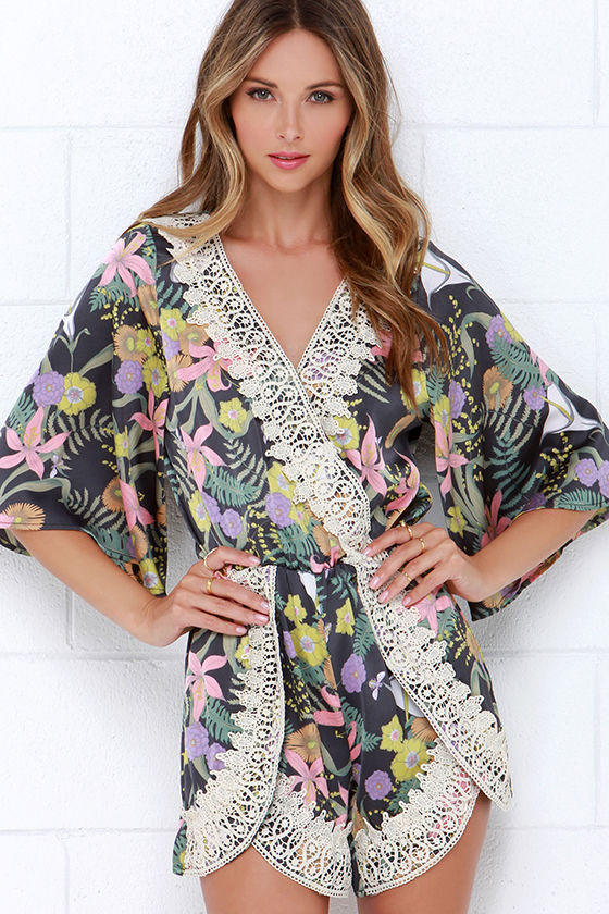 Grey Print Romper - Floral Print Romper - Lace Romper - $59.00 - Lulus