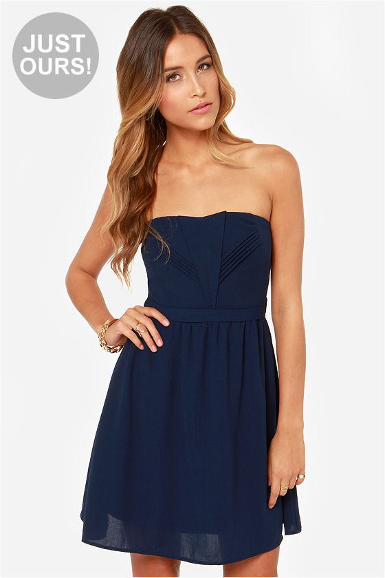 Pretty Navy Blue Dress Strapless Dress Darted Dress 45 00 Lulus
